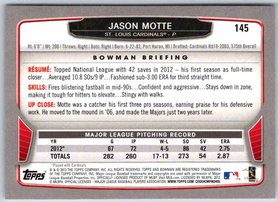 2013 Bowman Jason Motte #145 Baseball Card | eBay