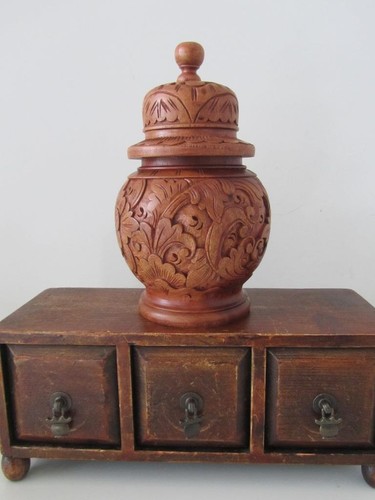 Large Intricate Hand Carved Wooden Timber Lidded Pot Jar | eBay