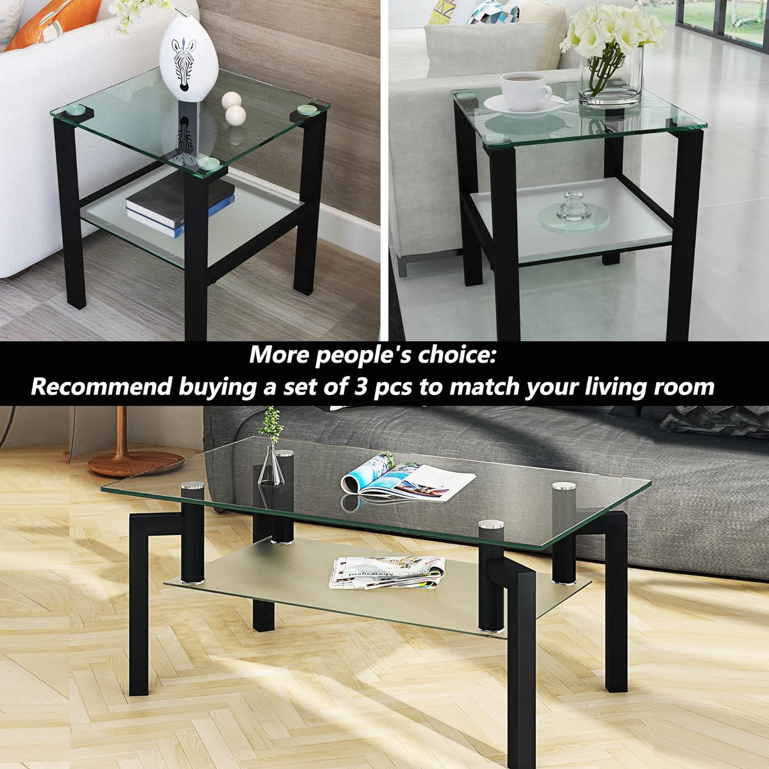 Glass Coffee Table for Living Room, End Table 2-Layer Side Tables with ...