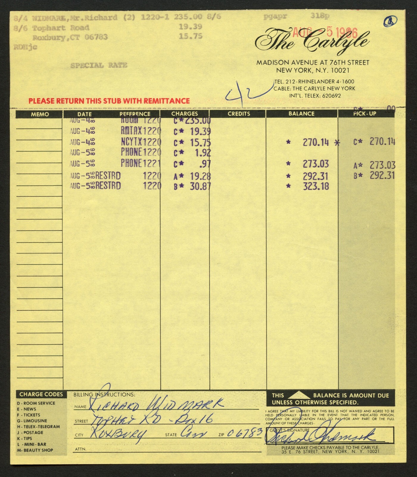 Richard Widmark signed autograph auto The Carlyle Hotel New York Folio ...