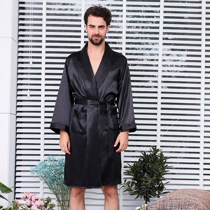 Two-Piece Suit Men's Satin Bathrobe +Shorts Long-Sleeved Sleepwear ...