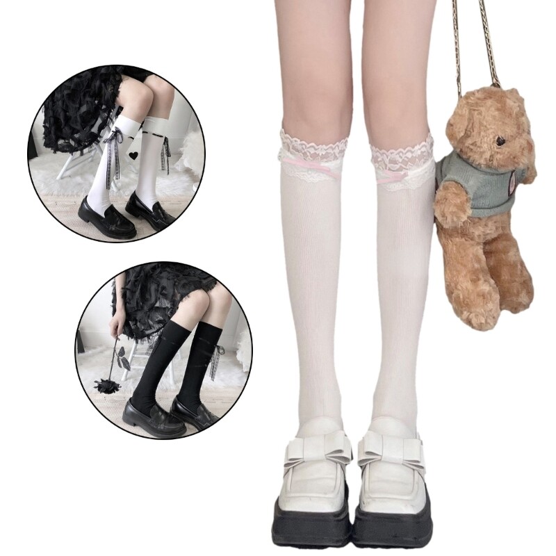 Womens Lacing up Sock Lace Mesh Knee Socks Medium Length Stocking Cute ...