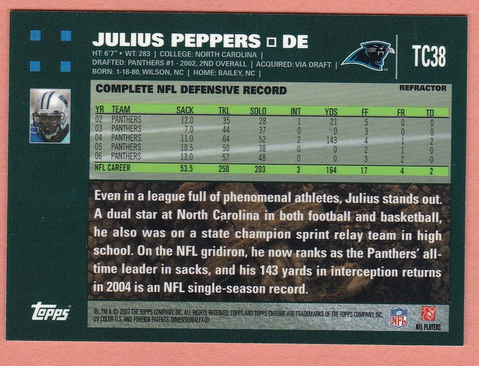 2007 TOPPS CHROME REFRACTOR HOF! JULIUS PEPPERS VERY NICE CARD#TC38 ...