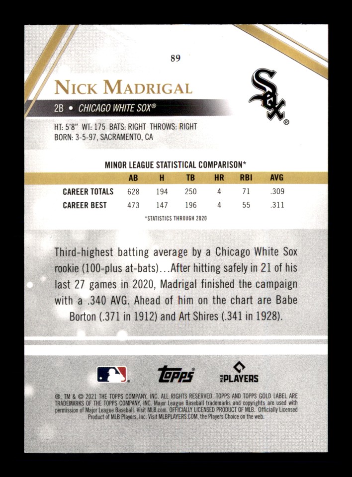 2021 Topps Gold Label #89 Nick Madrigal Rookie Card RC Chicago White ...