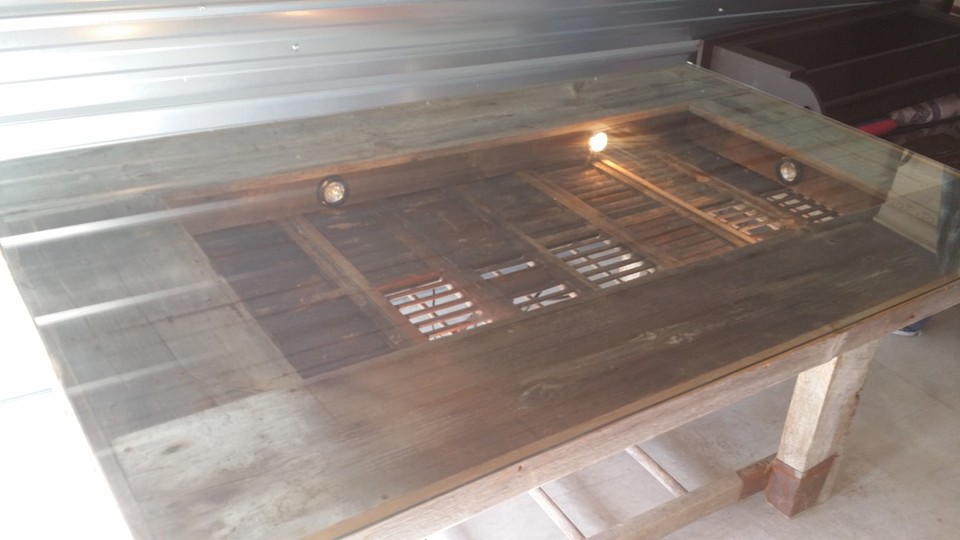 Custom made, Reclaimed Barn Wood Table, Antique Shutters, Lighted Glass ...