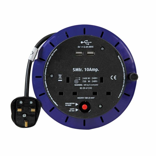 5m 2 Way Gang 10A UK Mains Power Socket Reel Extension Lead Cable 2x ...