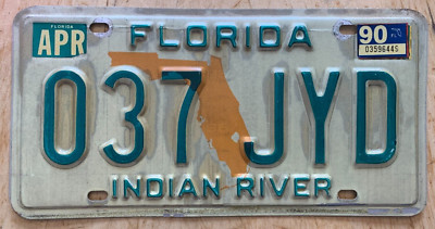 1990 FLORIDA PASSENGER AUTO LICENSE PLATE " 037 JYD " FL 90 INDIAN ...