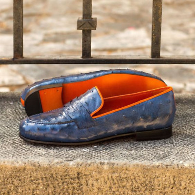 Handcrafted Men's Blue Ostrich Smoking Slippers Red lining leather sole ...