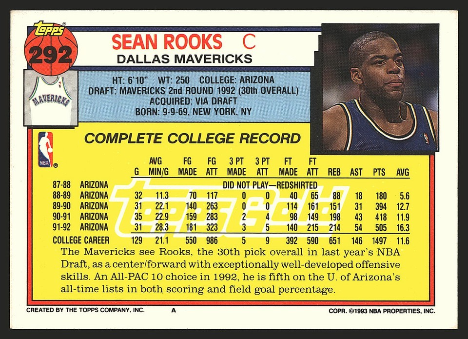 1992-93 Topps #292 Sean Rooks Gold | eBay