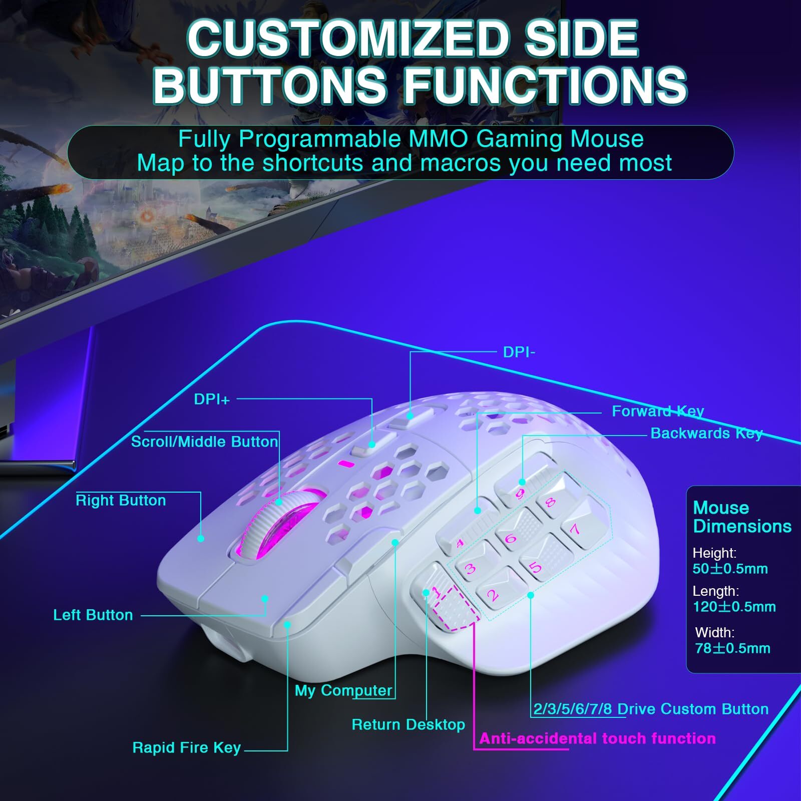 SM809 Pro Wireless MMO Gaming Mouse with 9 Side Buttons24000 DPITriple ...