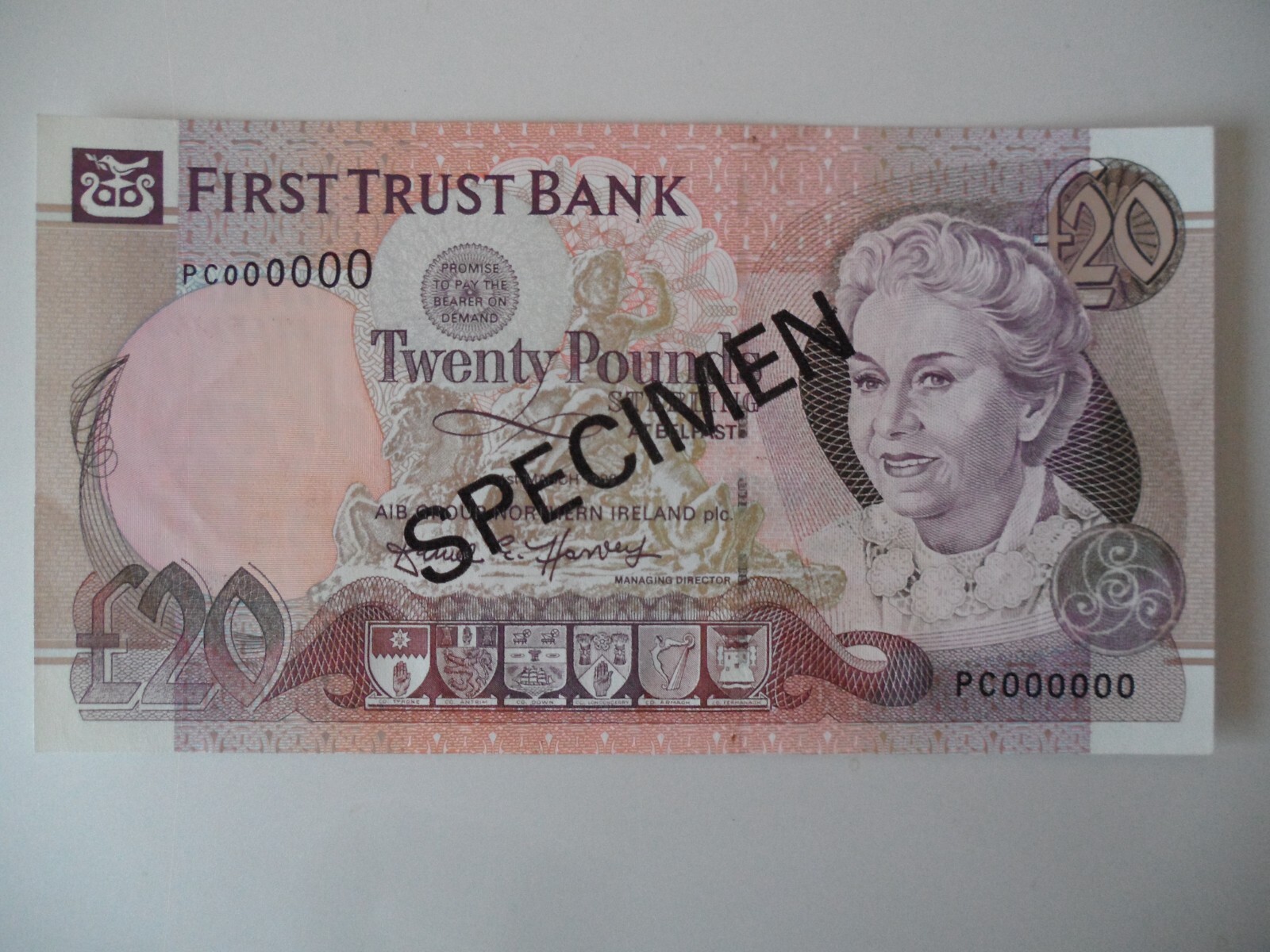 First Trust Bank £20 Pounds Specimen Banknote AU-UNC serial PC000000 ...