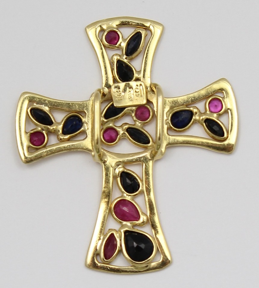 18k Yellow Gold Ruby and Sapphire Cross Pendant | eBay