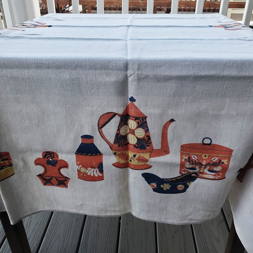 Vintage Midcentury Luther Travis Linen Tablecloth - Teapots Folk Art ...