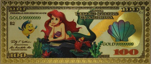 $100 Mermaid Ariel Disney Princess Novelty 24K Gold Foil Plated Note ...