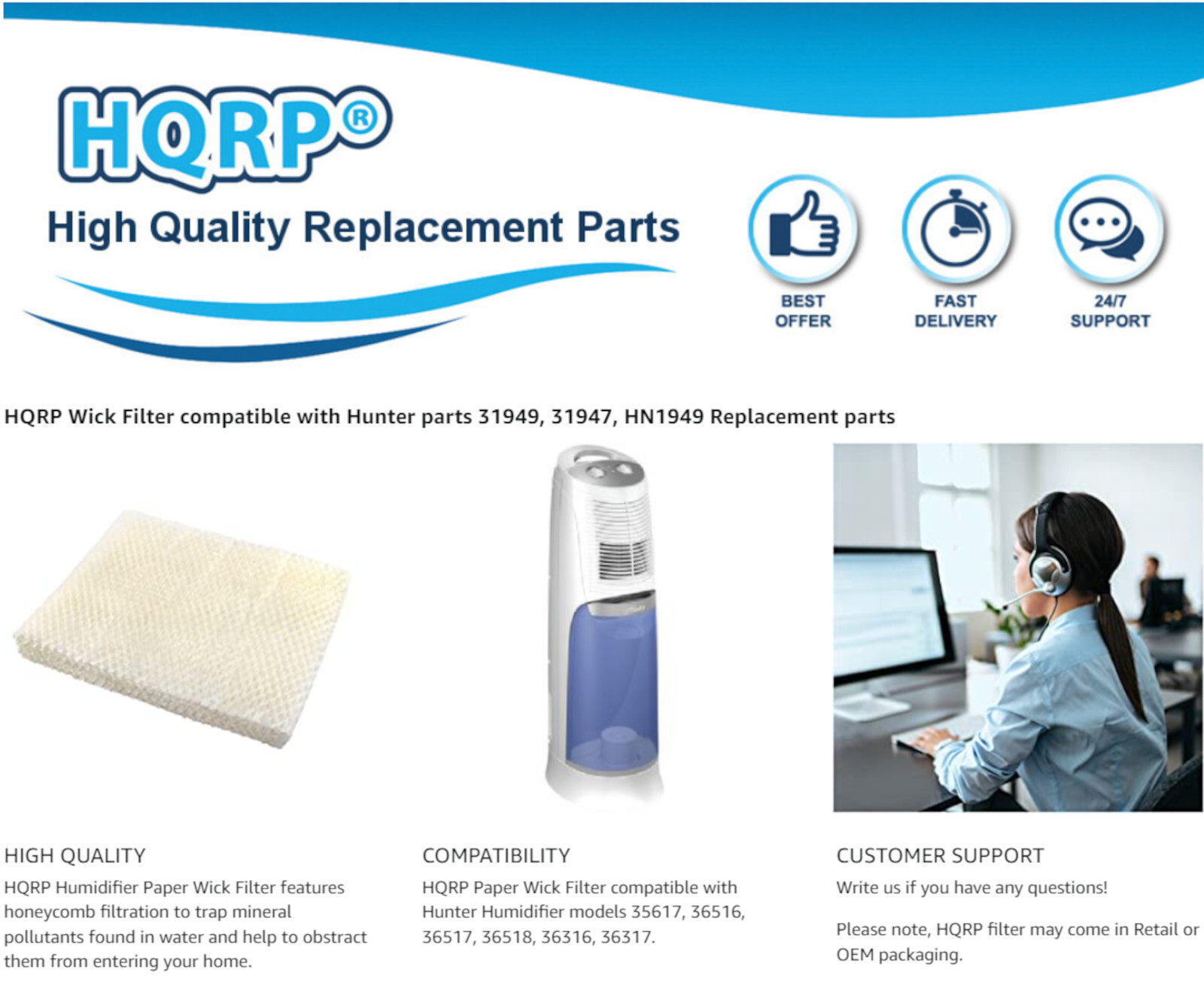 2-Pack Wick Filter for Hunter 35617 36316 36317 36516 36517 36518 ...