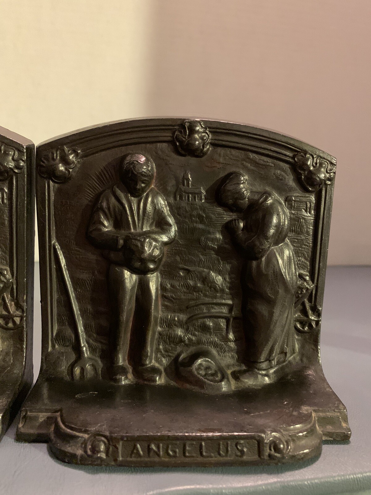 Set Of 2 Antique Bronze Bookends “The Angelus” Farmer & Wife Praying At ...