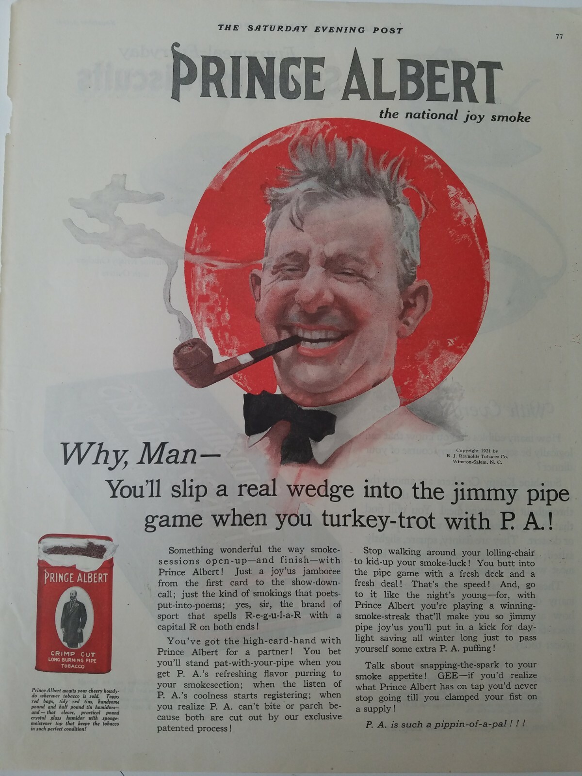 1921 Prince Albert pipe tobacco man smoking Jimmy pipe game vintage ad ...
