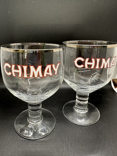 Set of 2 Chimay Beer Chalice Pints w/ Silver Rim Trappist Belgian Ale ...
