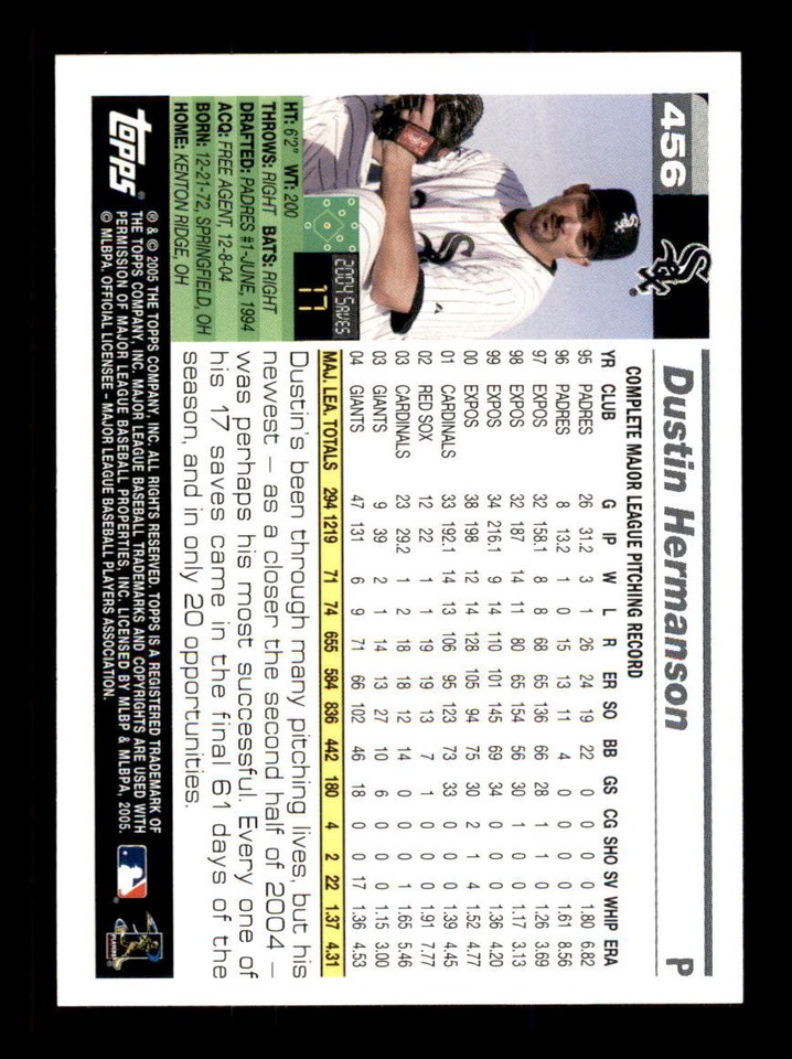 2005 Baseball Topps Dustin Hermanson Chicago White Sox #456 | eBay