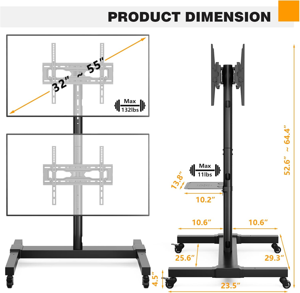 Rolling/Mobile TV Cart with Wheels for 32 to 55 Inch LCD LED 4K Flat ...