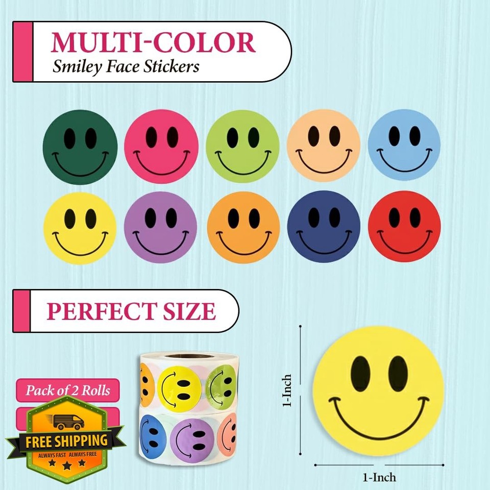 1000pc 1" Multi-Color Smiley Face Stickers Happy Face Labels Rolls ...
