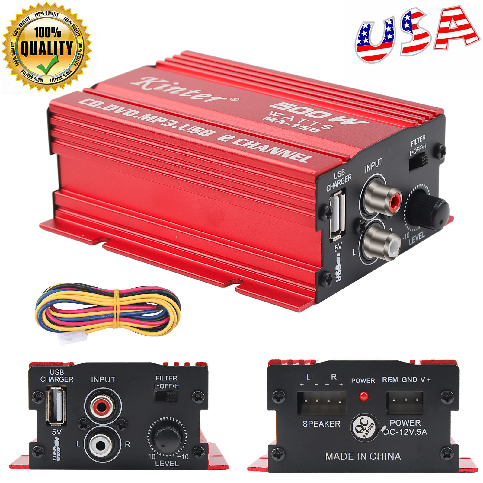 MA150 500 Watt 2-Channel Amplifier Car Stereo Amp Subwoofer Audio ...