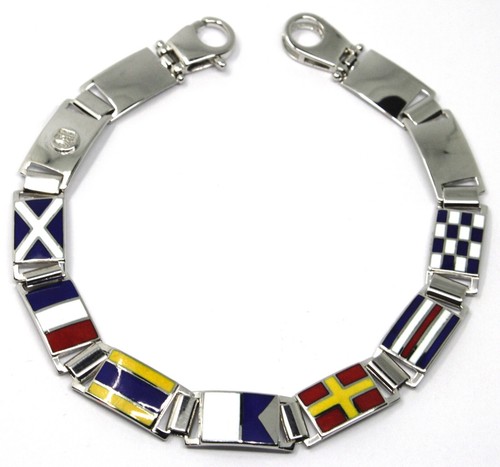 SOLID 18K WHITE GOLD BRACELET BIG ENAMEL NAUTICAL 8mm FLAGS, 8.5", MADE ...