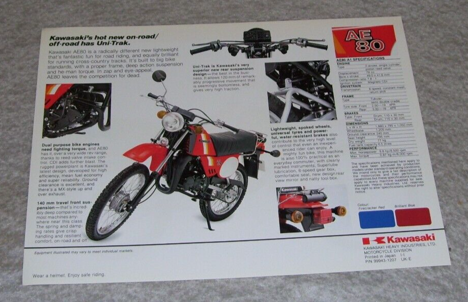 KAWASAKI AE80 -A1 MOTORCYCLE SALES LEAFLET Not dated P/N 99943-1207 UK ...