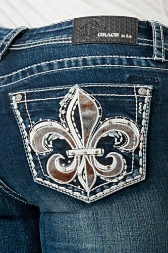 Grace In LA Women's Fleur De Lis Rhinestone Embellished Bootcut Stretch ...