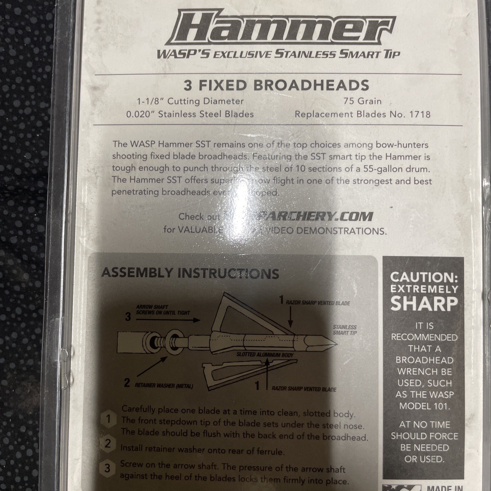 Wasp Archery Hammer 3 Fixed Broadheads 1 1/8” Cutting Diameter 75 Grain ...