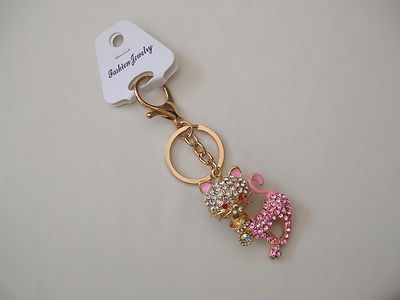 Cat Keyring/Bagcharm Pink And Clear Crystal Stones Gold Coloured New ...