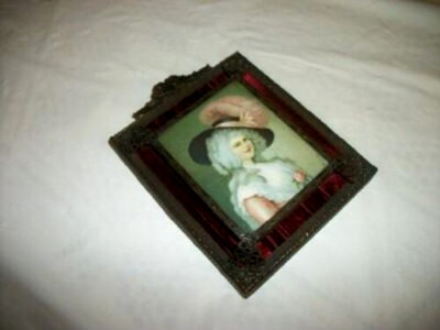 ANTIQUE FRENCH MINIATURE LADY PORTRAIT PRINT BRONZE VELVET METAL BACK ...