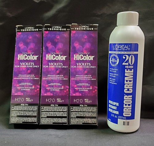 L'Oreal HiColor for Dark Hair/H20 Red Violet 1.74oz (3 Pack) & 8oz 20 ...