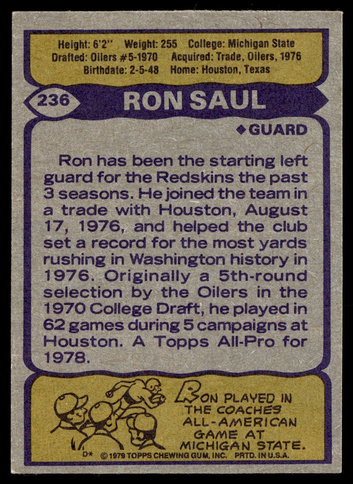 1979 Topps Ron Saul #236 Washington Redskins | eBay