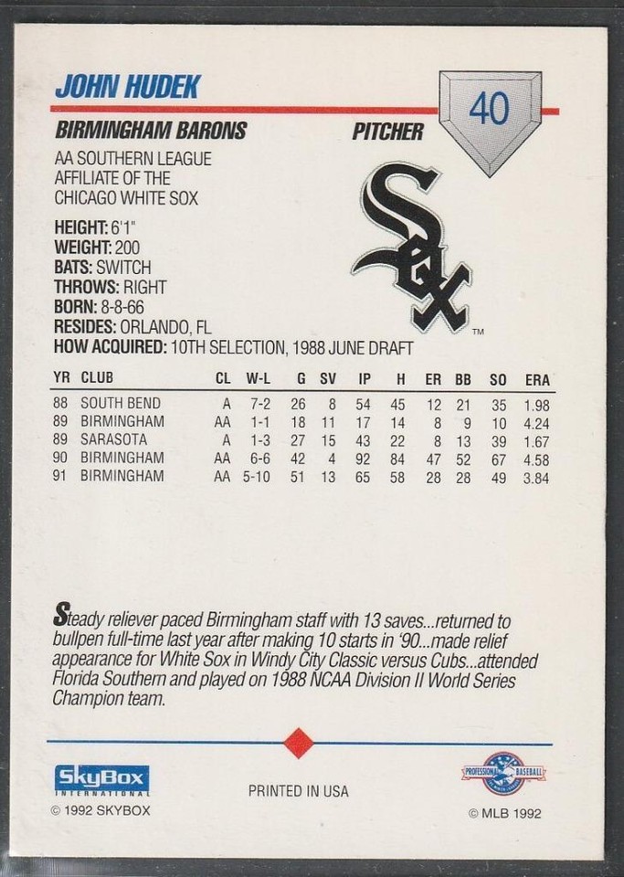 274, Original Autograph, John Hudek; Birmingham Barons, 1992 Skybox #40 ...