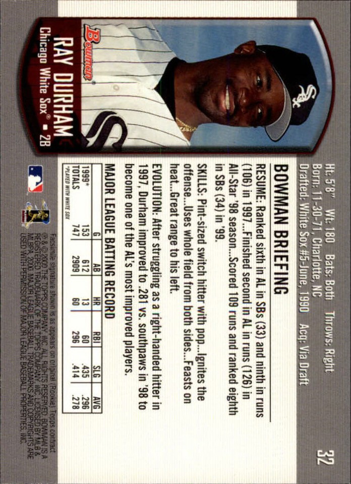 2000 Bowman Chicago White Sox Baseball Card #32 Ray Durham | eBay