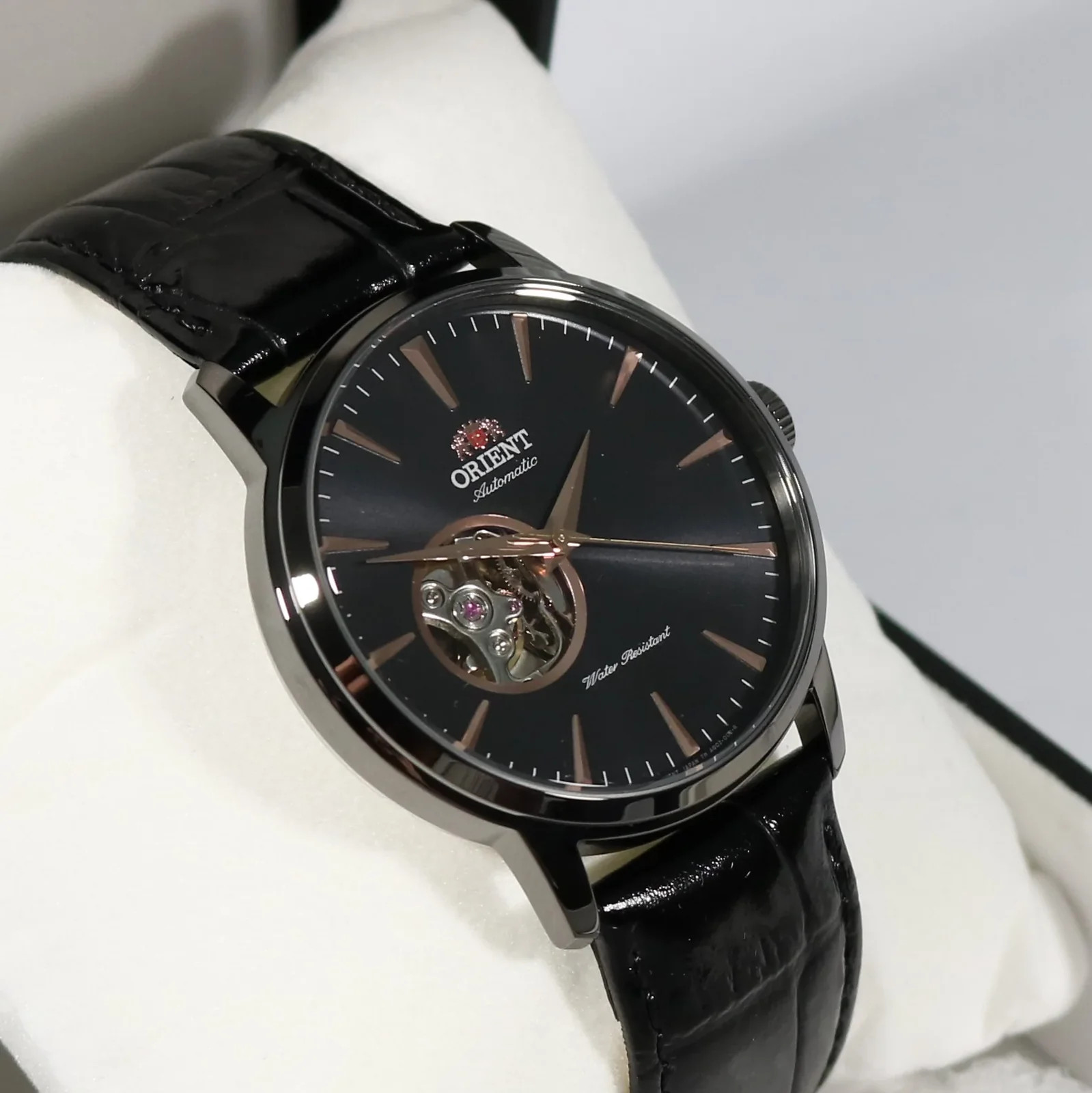 Orient Open Heart Black Dial Leather Strap Dress Watch FAG02001B0