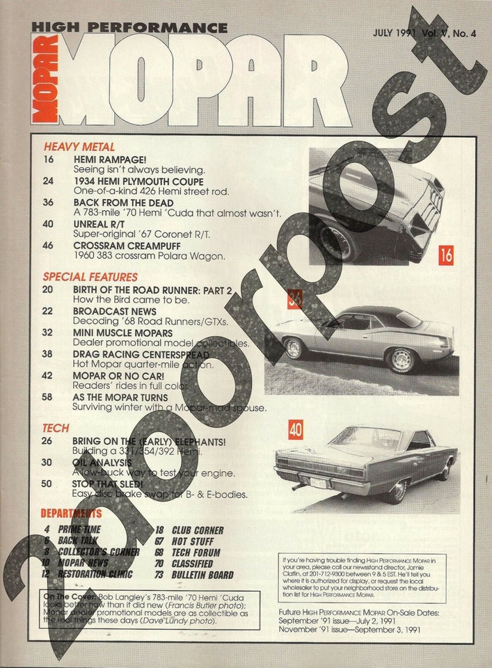 High Performance Mopar magazine July 1991 excellent condition Dodge ...