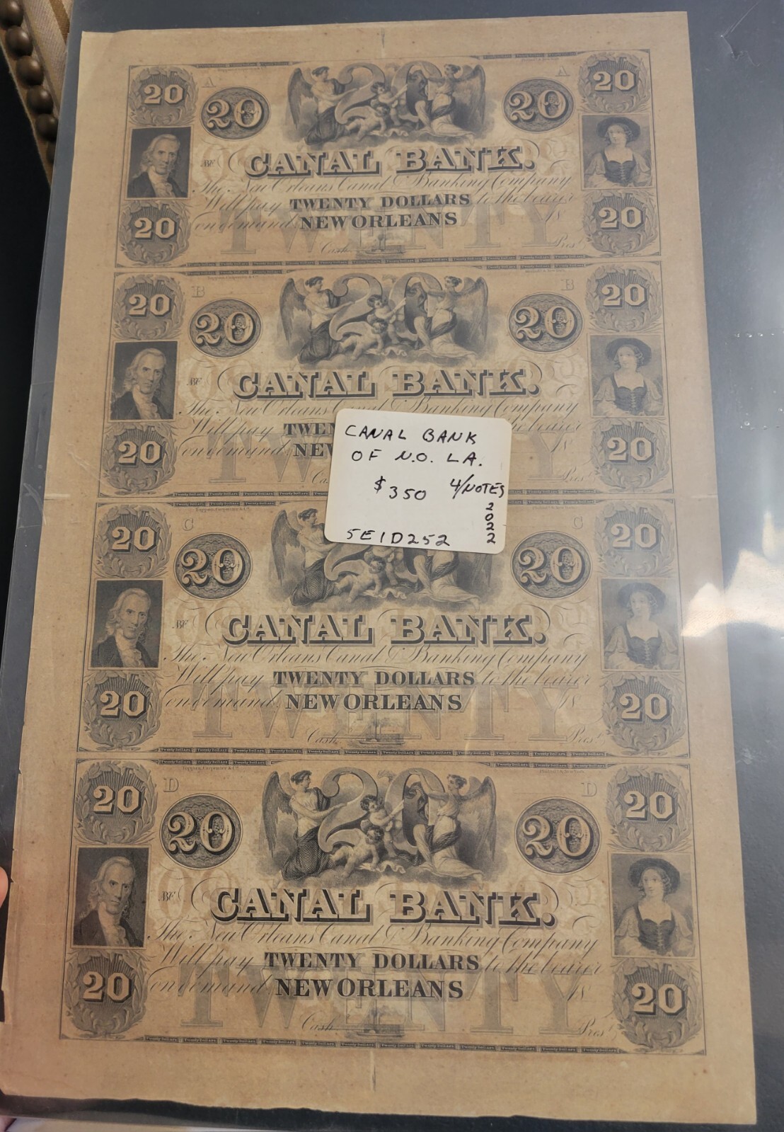 1850s UNCIR. CANAL BANK $20 NEW ORLEANS LA UNCUT SHEET OF 4 NOTES | eBay