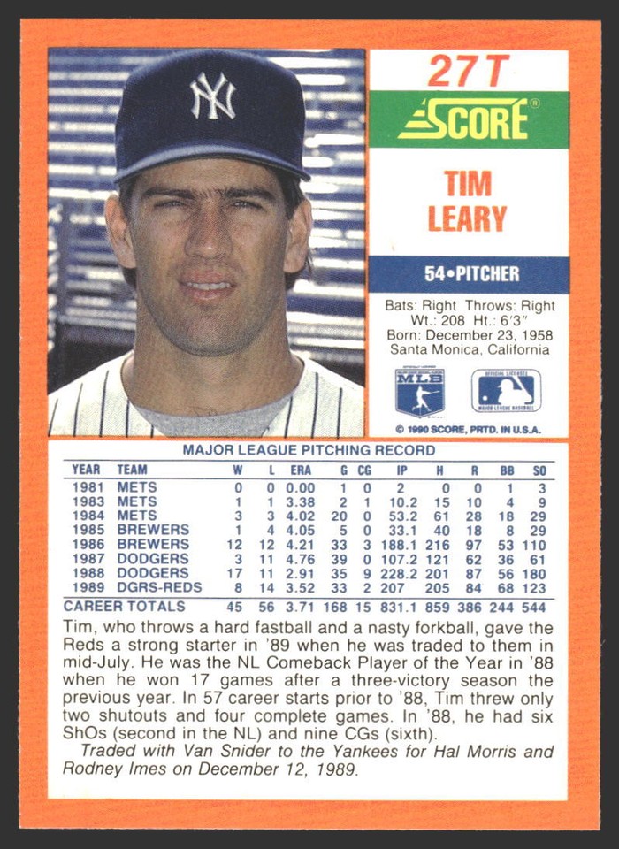 Tim Leary #27T 1990 Score Rookie & Traded New York Yankees | eBay