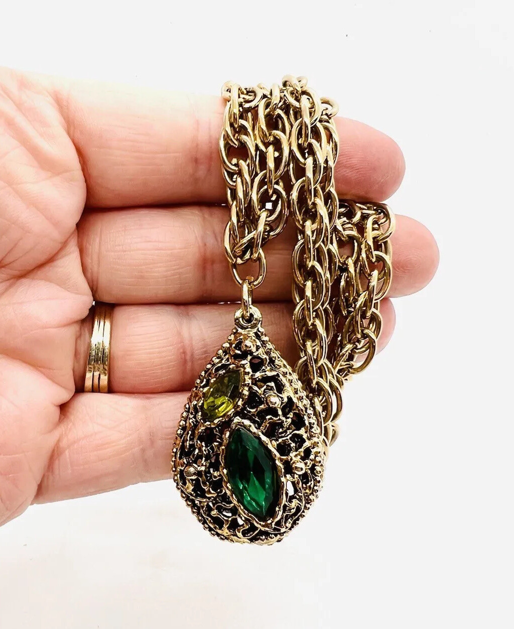 Long Green Rhinestone Filigree Open Work Drop Necklac… - Gem