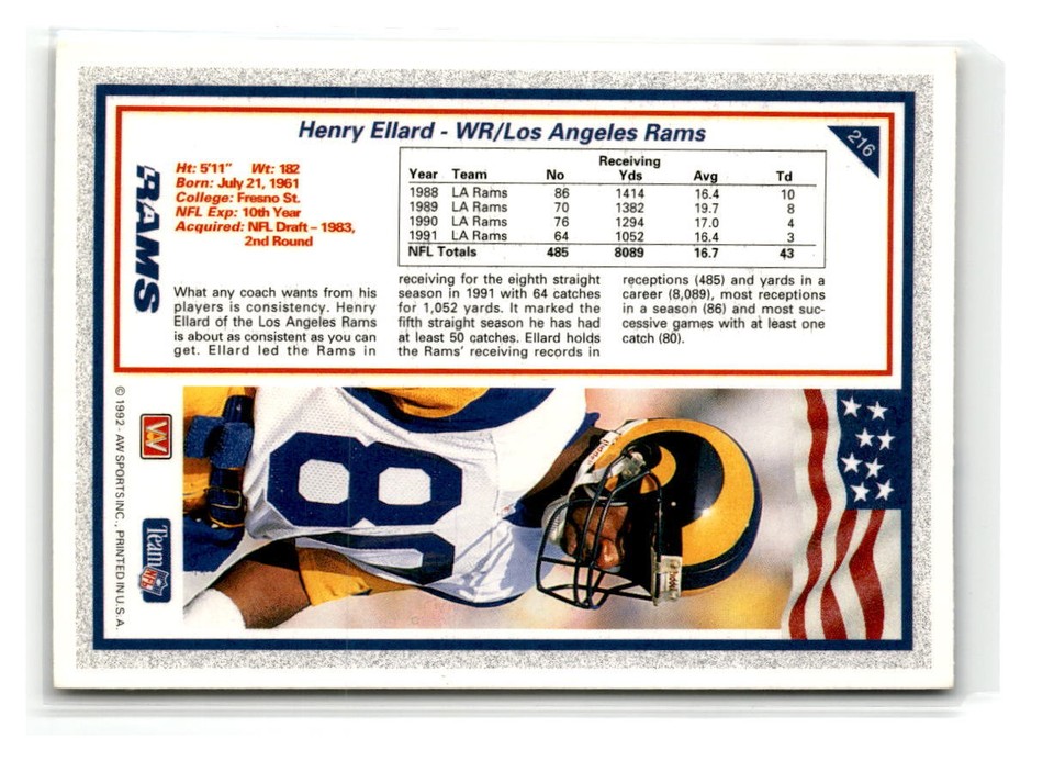 1992-All World -#216-Henry Ellard -Los Angeles Rams | eBay