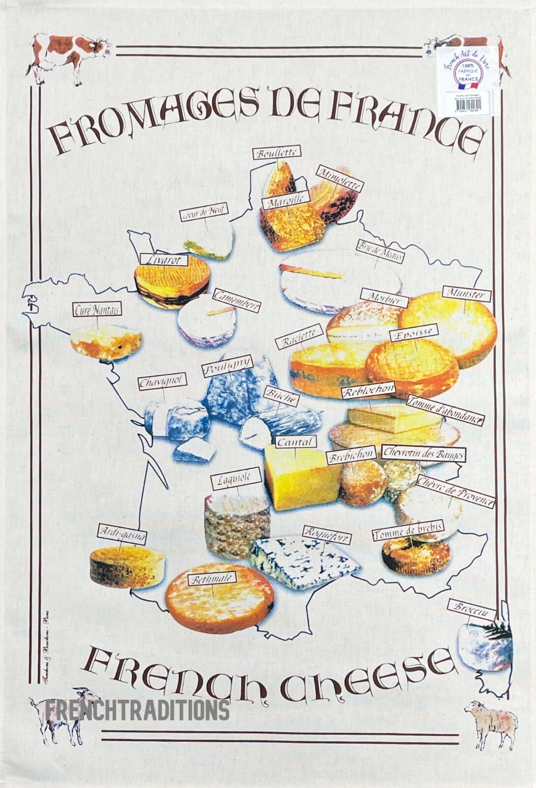 French Cotton Kitchen Dish/Tea Towel - Map with French Cheeses - Made ...