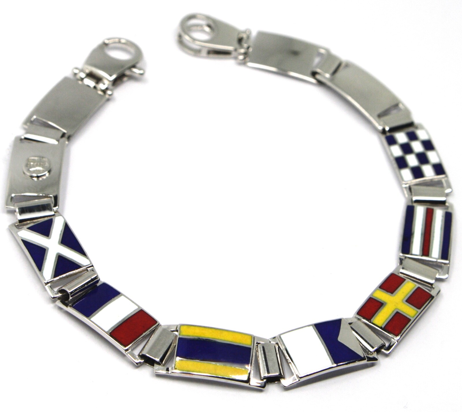 SOLID 18K WHITE GOLD BRACELET BIG ENAMEL NAUTICAL 8mm FLAGS, 8.5", MADE ...