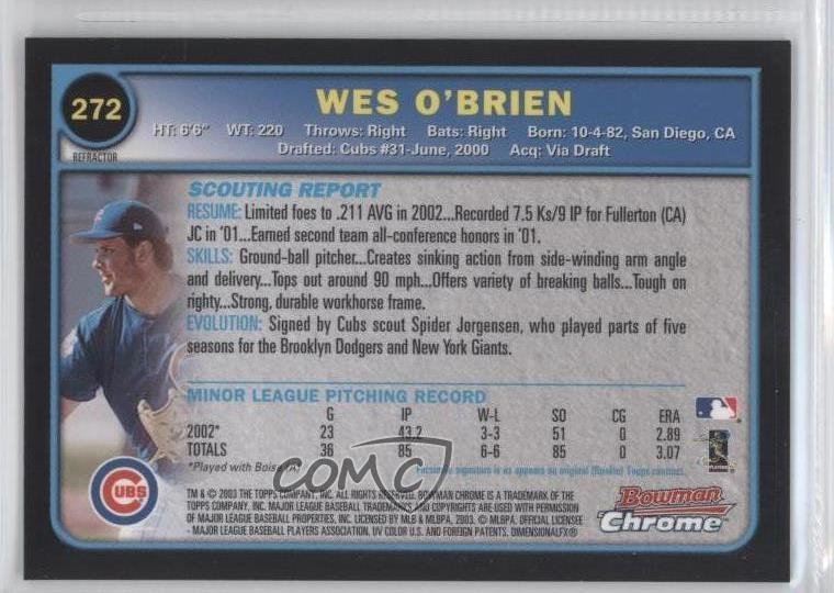 2003 Bowman Chrome Refractor Wes O'Brien #272 Rookie RC 0p0 | eBay