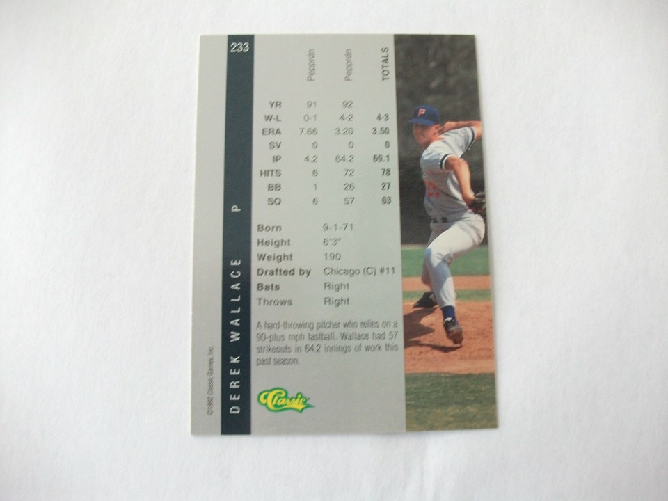 1992 CLASSIC FOUR SPORT DRAFT PICK DEREK WALLACE ROOKIE #233 BASEBALL ...
