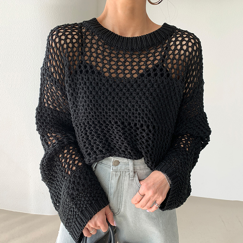 Women Hollow Out Fishnet Jumper Top Knitted See Through Long Sleeve T ...