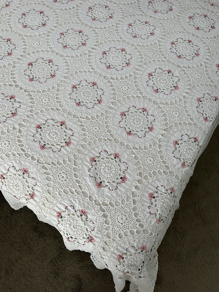 Vintage Antique Bedspread White Crochet Embroidered Linen Cotton King ...