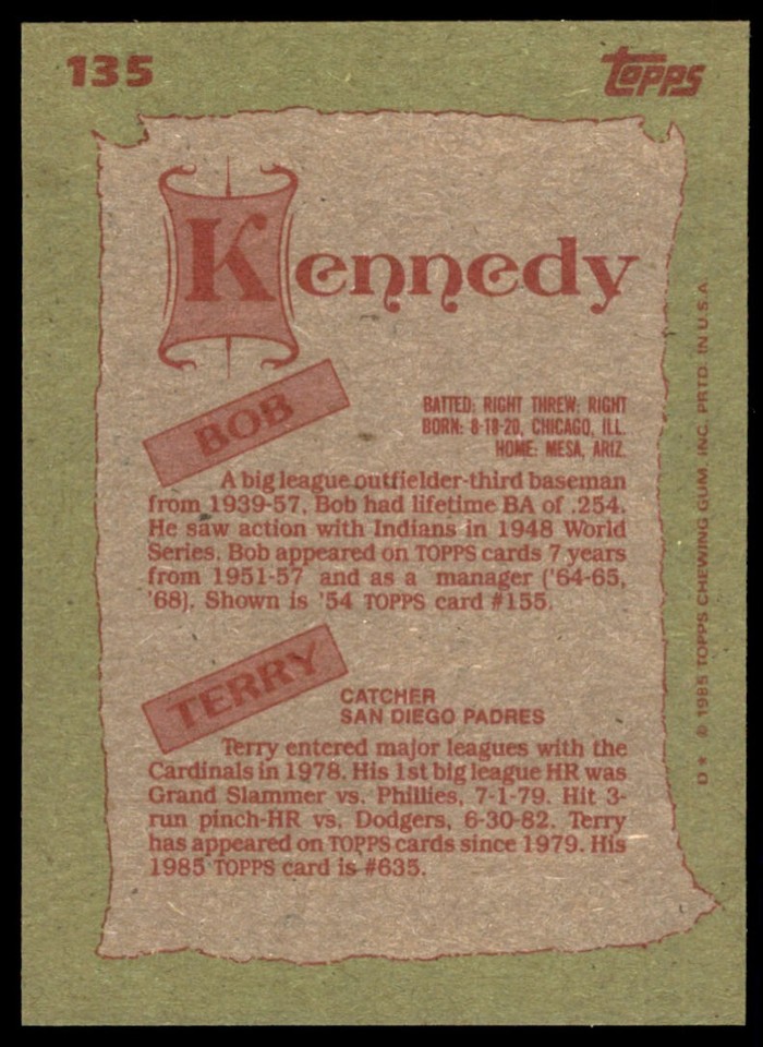 1985 Topps Bob Kennedy/Terry Kennedy Baseball Cards #135 | eBay