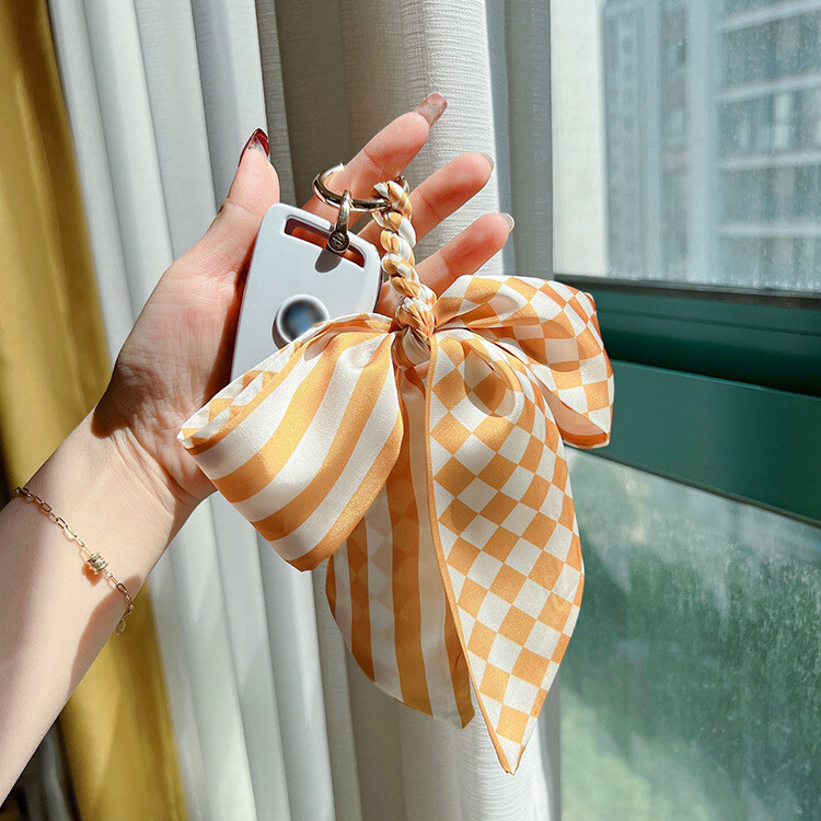Fashionable Checkered Silk Scarf Car Keychain Stylish Grid Pattern Bow ...